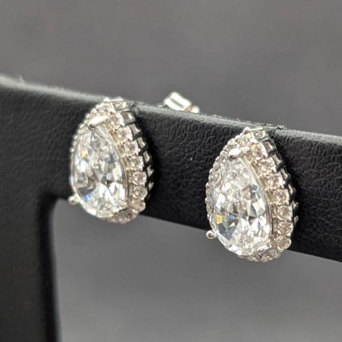 PAJ 925 Sterling Silver 1.25 Ct CZ Stud Earrings, Halo, Pear, Precision ...