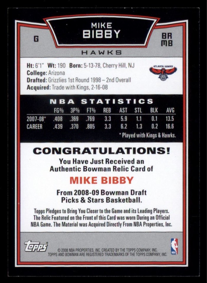 2008-09 Bwman Mike Bibby Atlanta Hawks #BRMB | eBay
