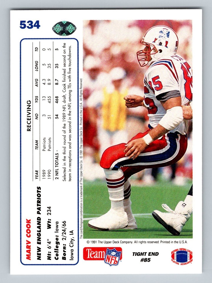 1991 Upper Deck #534 Marv Cook New England Patriots | eBay