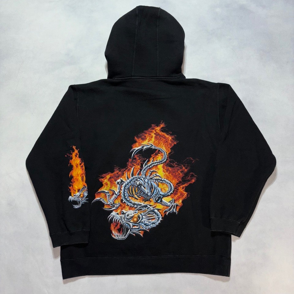Vintage Y2K Dragon Skeleton Hoodie Small Black Flames JNCO Style Skate ...