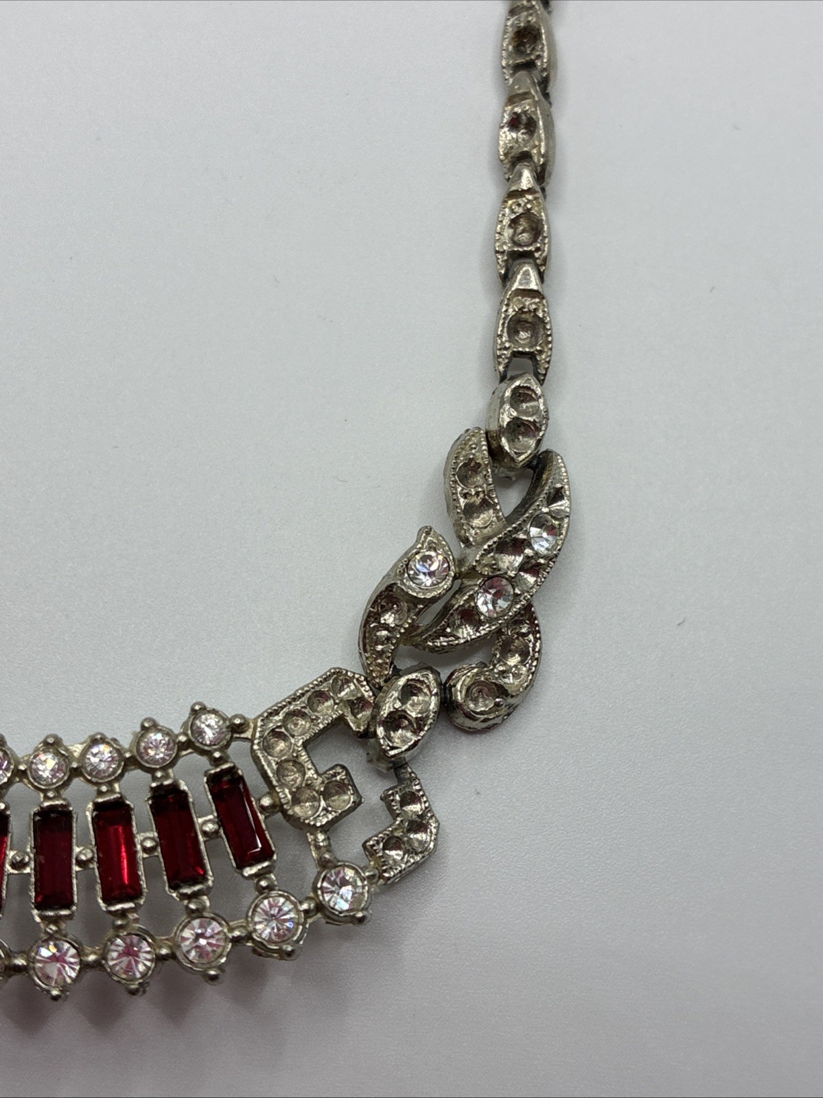 Vtg Art Deco Clear Rhinestone Ruby Glass Baguettes Silvertone Necklace ...