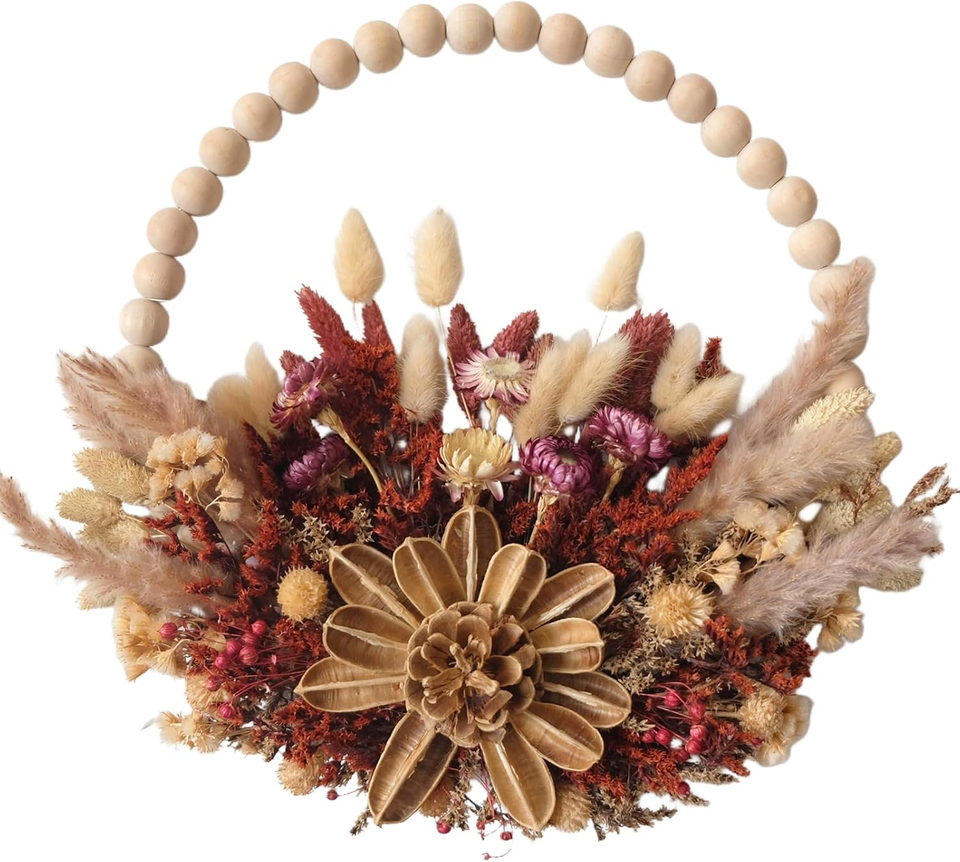 16 Inches Wood Bead Wreaths for Front Door, Farmhouse Fall Harvest ...