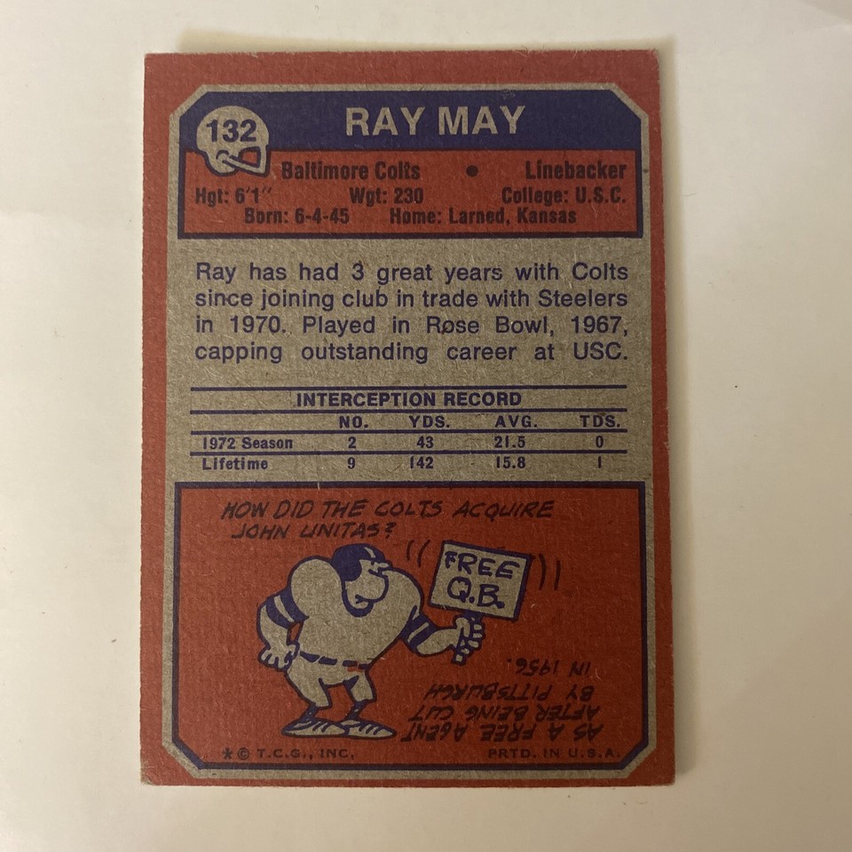 1973 Topps Football Ray May Baltimore Colts Card #132 | eBay