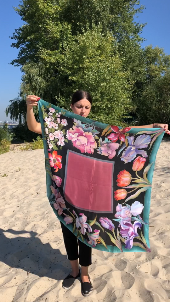 Hand painted silk shawl ′Spring flowers′, 100 % silk designer scarf 39/ ...
