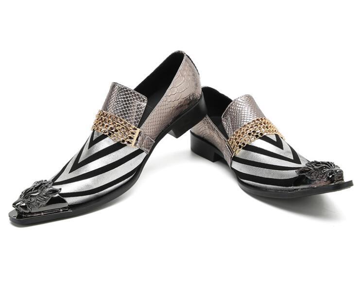 Men's Fashion Pointy Toe Metal Chain Textured Leather Shoes Youth Party ...