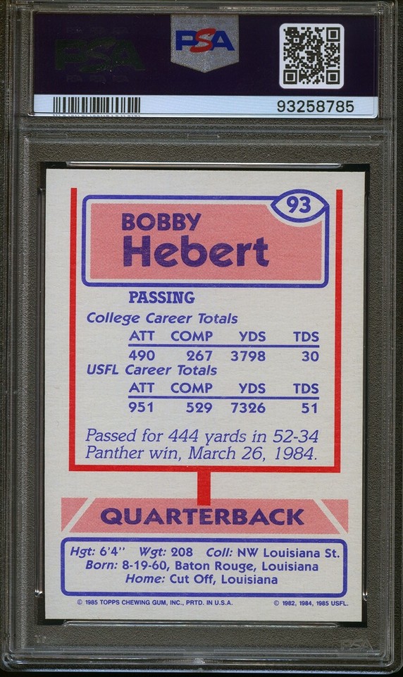 BOBBY HEBERT 1985 TOPPS USFL FOOTBALL #93 PSA 10 GEM MINT! OAKLAND ...