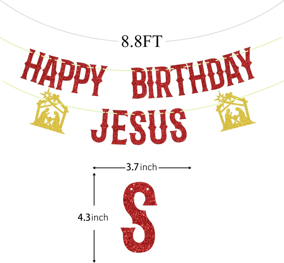 Happy Birthday Jesus Banner Red Glitter, Merry Christmas Holiday Winter ...