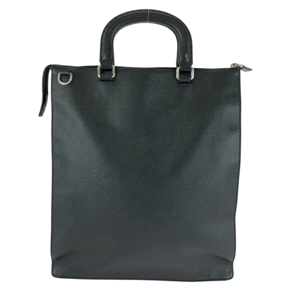 PRADA Saffiano Triangle Logo Plate Black Silver Hardware Leather Tote ...