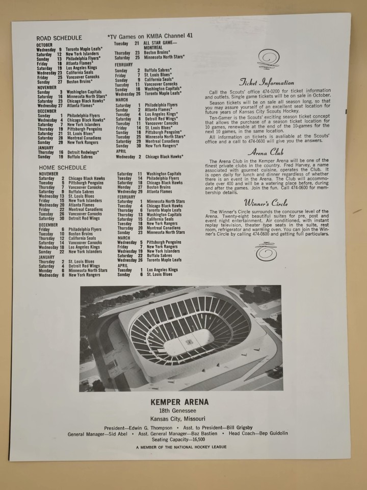 1974 Kansas City Scouts First Season Newsletter and Schedule - NHL ...