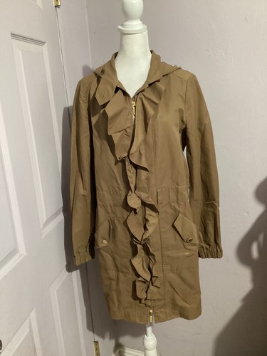 Tory Burch Ruffle Utility Tan Hooded Trench Coat - Gem