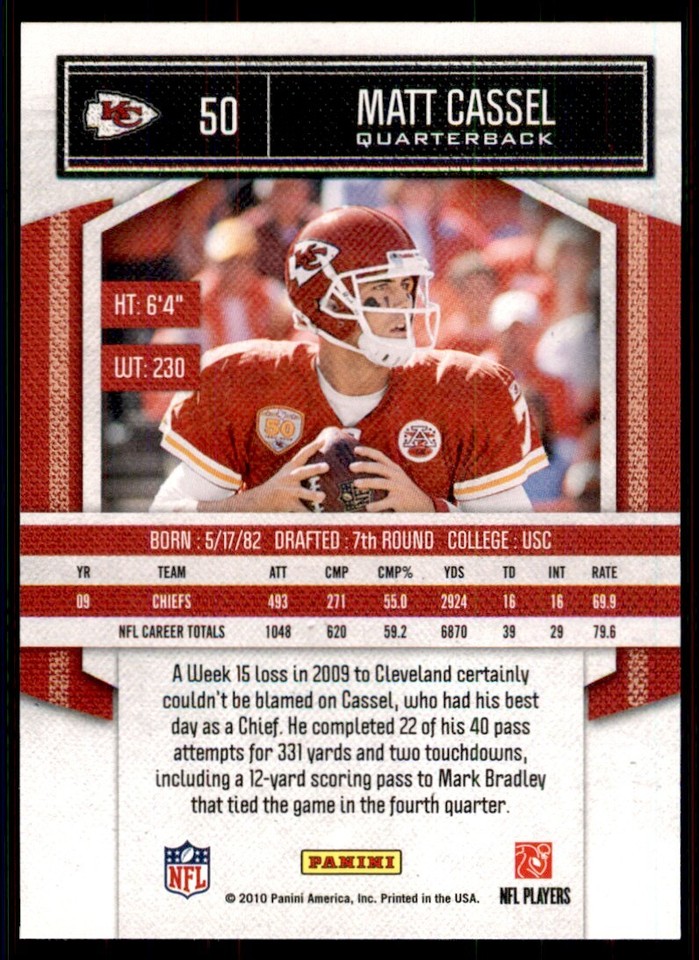 2010 Panini Classics Matt Cassel Kansas City Chiefs #50 NFL Football ...