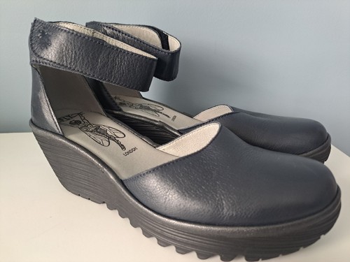 Fly London Yand Leather Wedge 41 US 10- 10 1/2 Navy Chunky Closed Toe ...