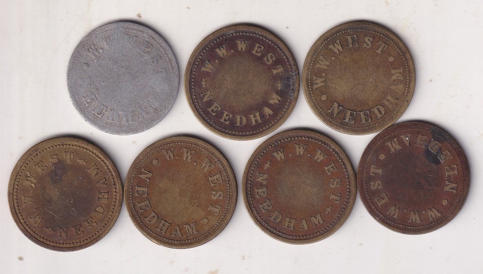 7 DIFFERENT FRUIT PICKERS TOKENS, W.W.WEST, NEEDHAM NORFOLK. VICTORIAN ...