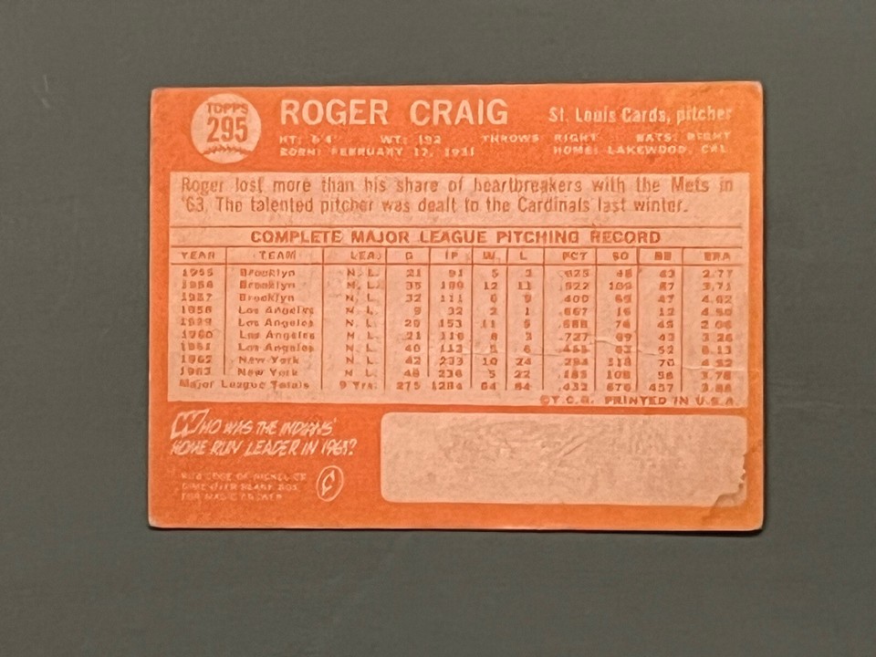 1964 Topps Roger Craig #295 VG-EX (crease) St. Louis Cardinals | eBay