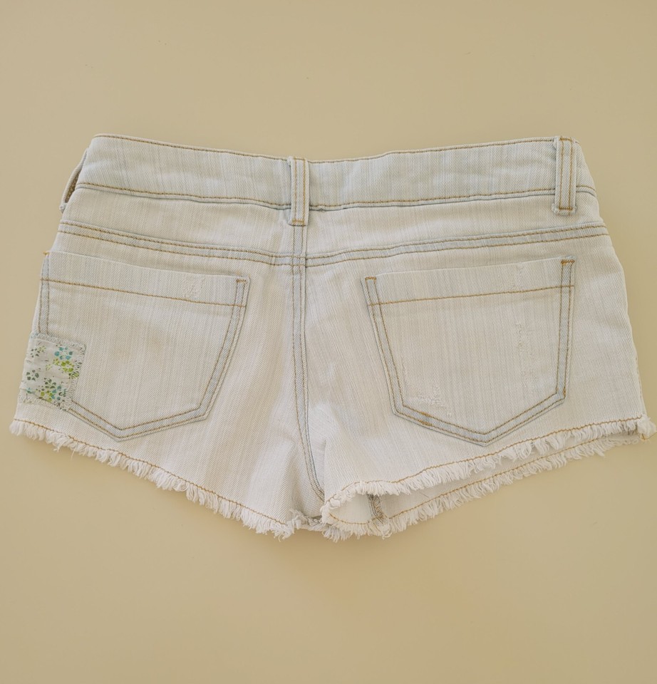 MOSSIMO booty blue denim jean Shorts 5 fray hem distress stone wash ...