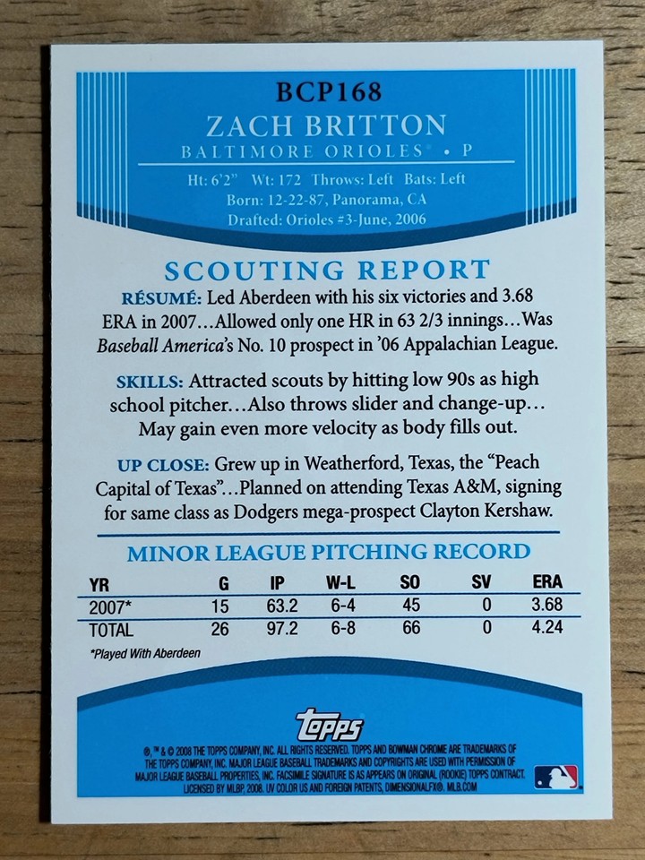 2008 Bowman Chrome Prospects #BCP168 Zach Britton | eBay