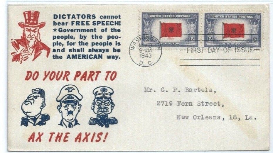 US FDC 918 pair Overrun Countries ALBANIA 1943 BOONE WWII Patriotic ...