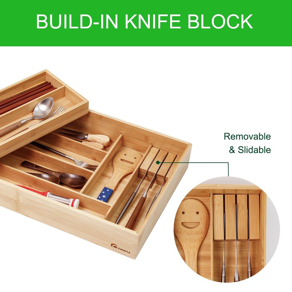 Double Layer Bamboo Kitchen Drawer Organizer Cutlery Utensil Silverware ...