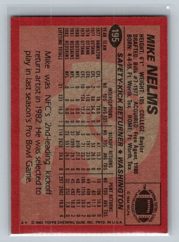 1983 NFL Topps Mike Nelms #195 Washington Redskins 83-TFBC | eBay