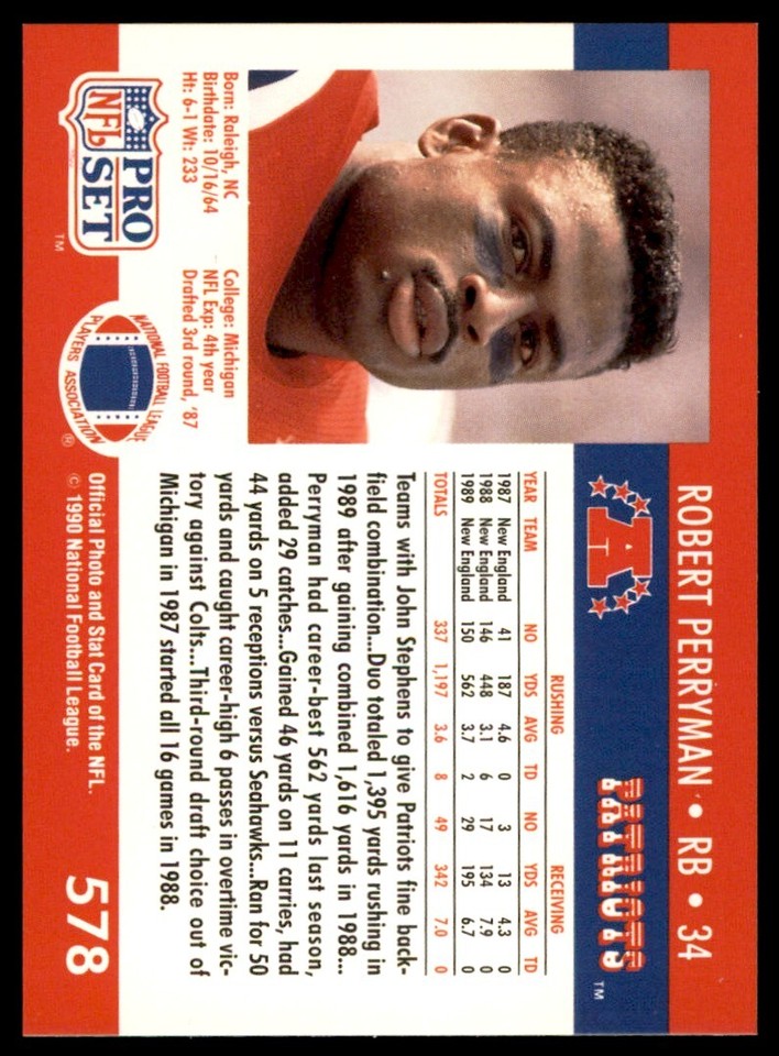 1990 Pro Set Robert Perryman New England Patriots #578 | eBay