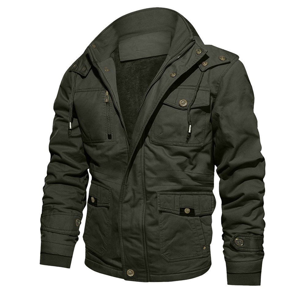 Men's Winter Casual Thicken Fleece Multi-Pocket Outwear Bomber Jacket ...