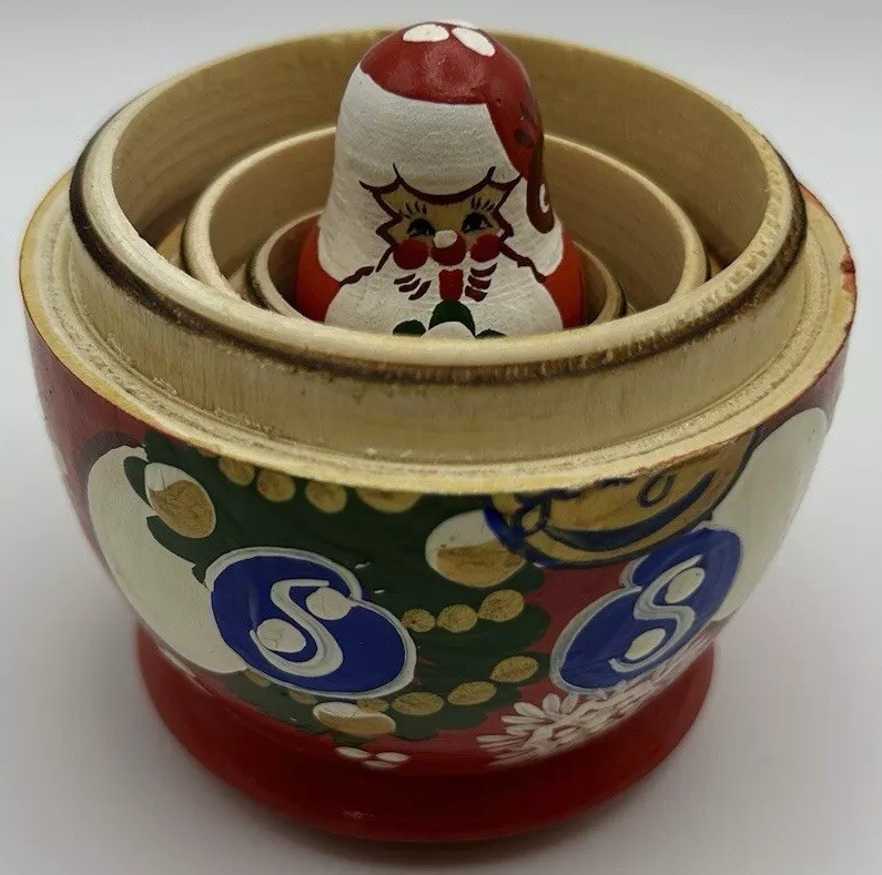 Matryoshka Russian Wood Nesting Santas 1983 Happy You Year 5 Dolls w ...