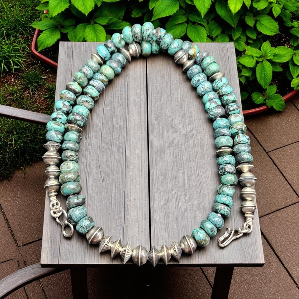 Sterling NAVAJO Pearl Spiderweb Turquoise Bench Beads Necklace VTG ...