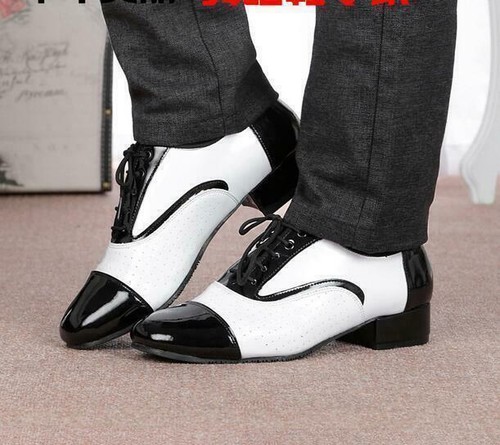 Men Modern Latin Dance Patent Leather Slip On Black White Business ...