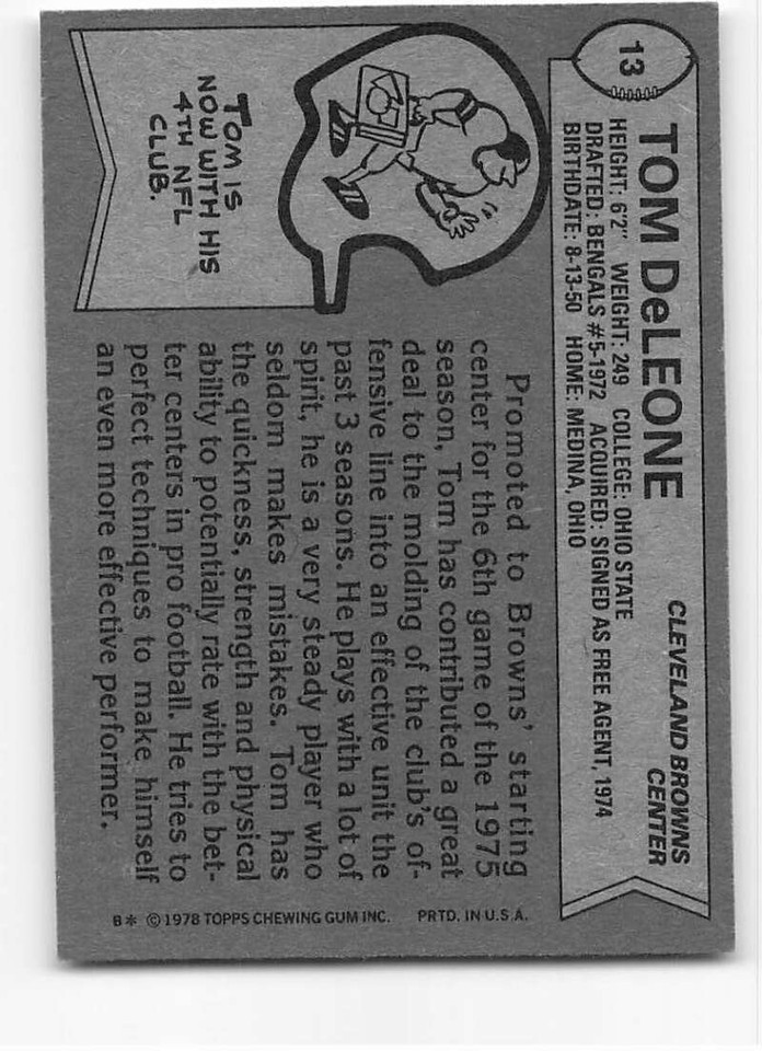 1978 Topps #13 Tom DeLeone EX Excellent Browns 115361 | eBay