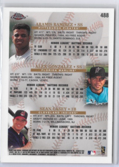 1998 Topps Chrome Prospects Aramis Ramirez Sean Casey Alex Gonzalez ...