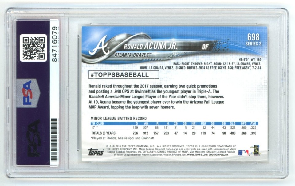 2018 RONALD ACUNA JR TOPPS SERIES 2 #698 RC FACTORY SET AUTOGRAPHED PSA ...