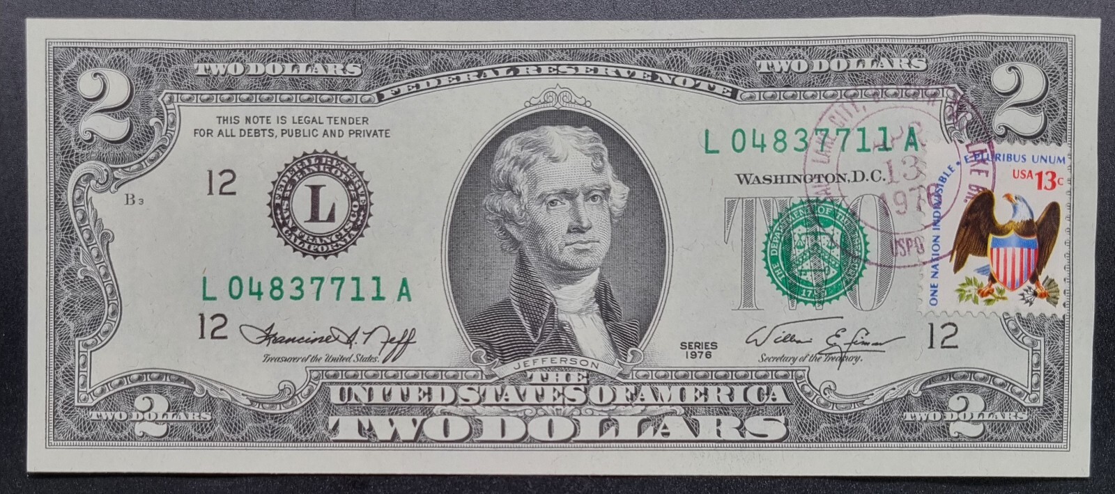 1976 Two Dollar Federal Reserve Note $2 First Day of Issue Postmarked ...