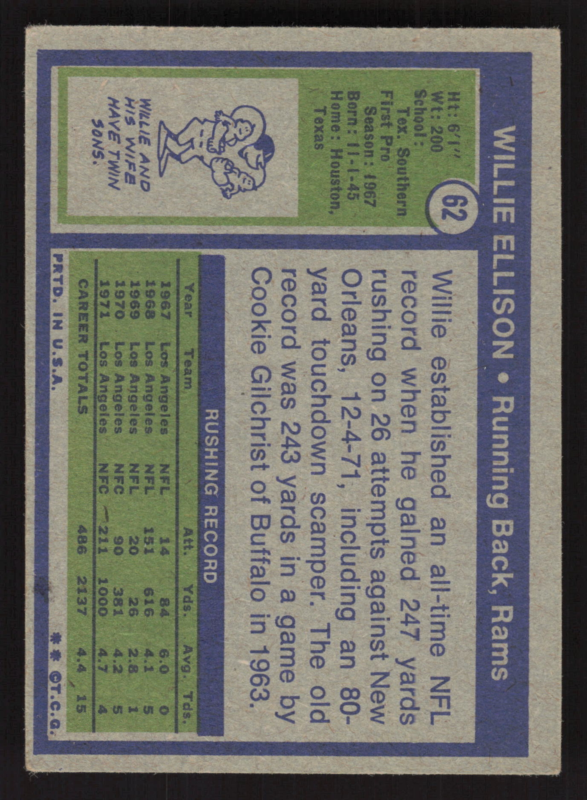 Willie Ellison 1972 Topps Rookie #62 Los Angeles Rams VG-EX {0812 | eBay