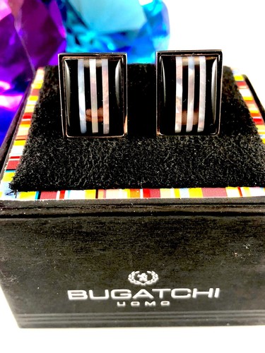 NIB BUGATCHI UOMO SILVER-TONE ONYX MOTHER OF PEARL MODERN STRIPE ...