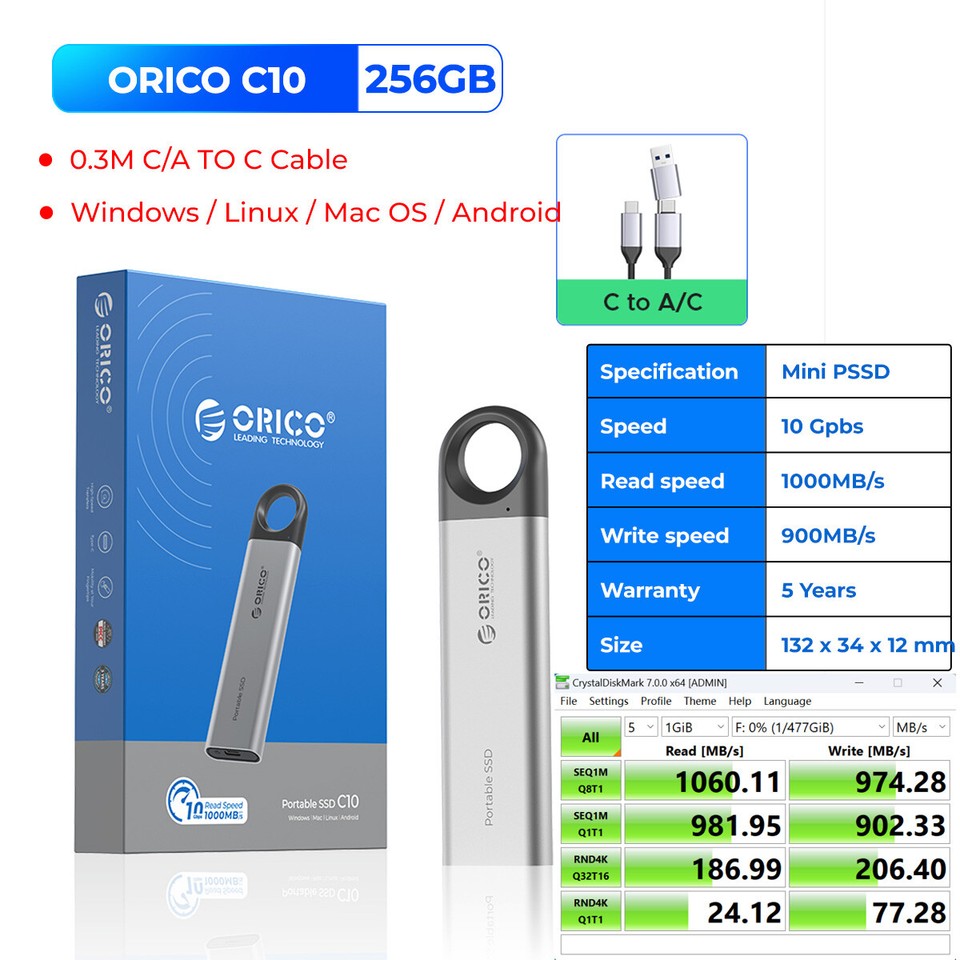 ORICO External SSD Up to 1050MB/S Hanging Hole Portable Solid State ...