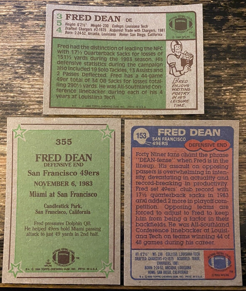 FRED DEAN Topps LOT! 1984 #354 w/ Marino #355 1985 #153 SF 49ers HOF ...