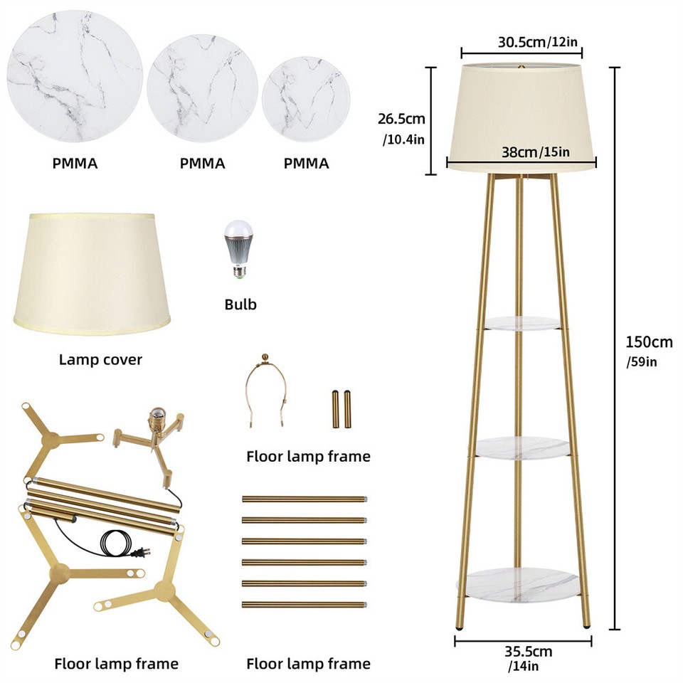62" Tall LED Floor Lamp w Marble Shelves Corner Free Standing Lamp ...