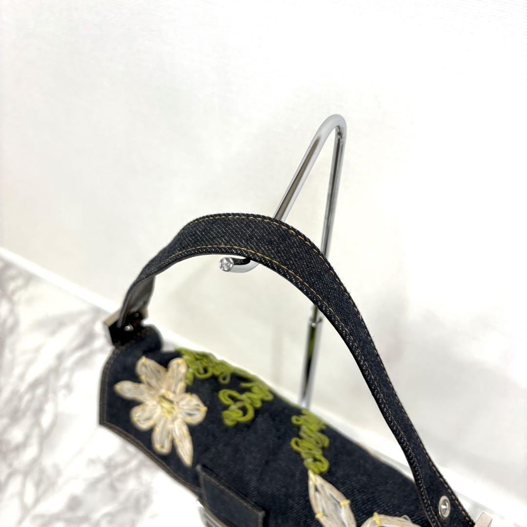 FENDI Mamma Bucket Hand Bag Denim Leather Floral Embroidery FENDI Mamma Bucket Hand Bag Denim Leather Floral Embroidery