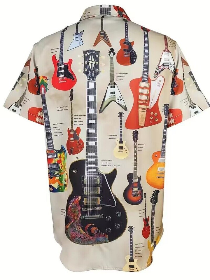 Button Up Shirts Men‘s Guitar Graphic Short Sleeve Casual Red Dress ...