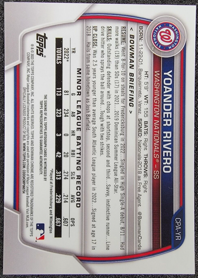 2023 Bowman Chrome 1st AUTO Yoander Rivero #CPA-YR Nationals | eBay