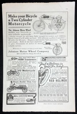 1920 Johnson Motor Wheel print AD “Make Your Bicycle a Two Clyinder ...
