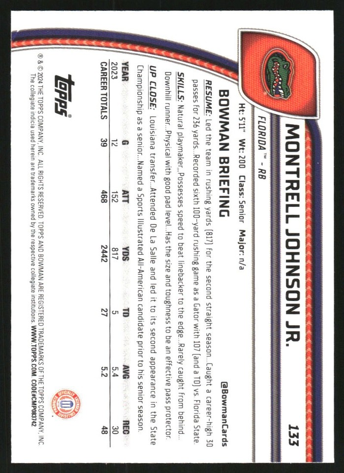 2024 Bowman Chrome University Stealth Refractors #133 Montrell Johnson ...