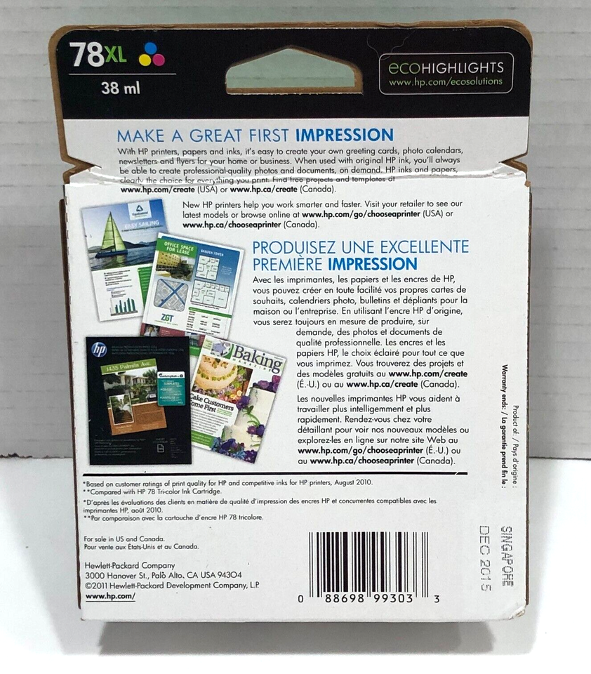 NIB HP 78XL Tri-Color Printer Ink Cartridge 2015 Cyan Magenta Yellow ...