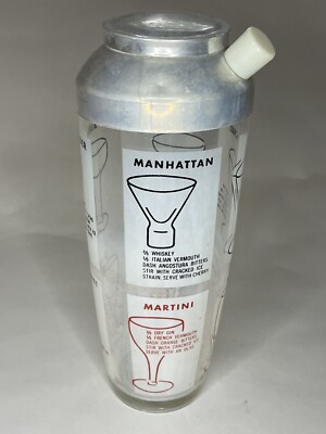 Vintage 50's MCM Glass Cocktail Shaker Barware w/Drink Recipes-Mad Men ...