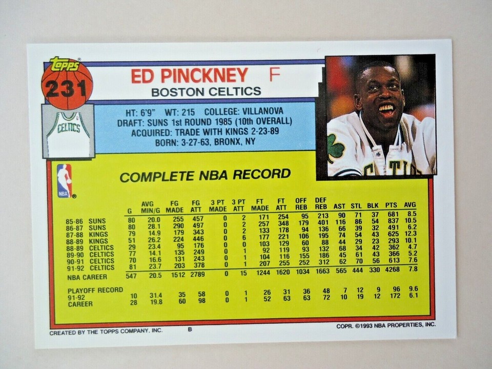 Ed Pinckney - 1992 Topps Autographed Basketball card # 231 - Boston ...