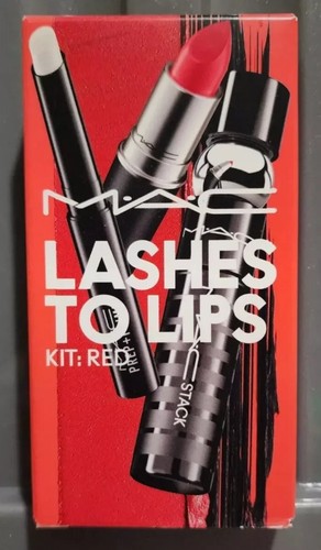 MAC LASHES TO LIPS KIT EYES STACK MASCARA PRIME PREP LIPSTICK 3PC RED ...