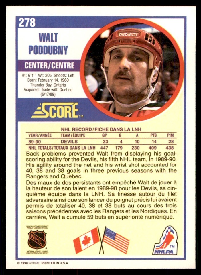 1990-91 Score Canadian Walt Poddubny New Jersey Devils #278 | eBay