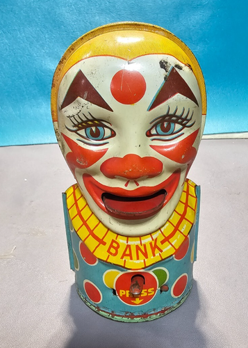 Vtg J Chein Co Tin Litho Mechanical Clown Coin Eating Toy Tongue Bank ...