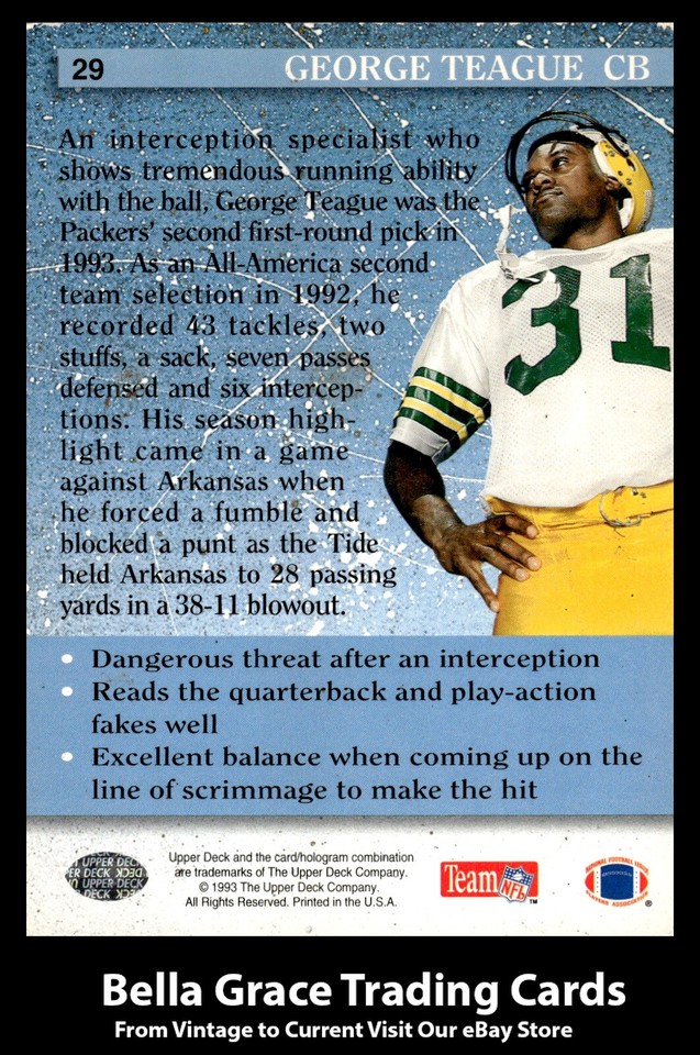 1993 Upper Deck George Teague #29 Green Bay Packers Rookie Star Rookie ...