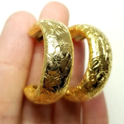 Vintage Floral Patter Gold Tone Hoop Shape Earrings, Curved Half Hoop ...